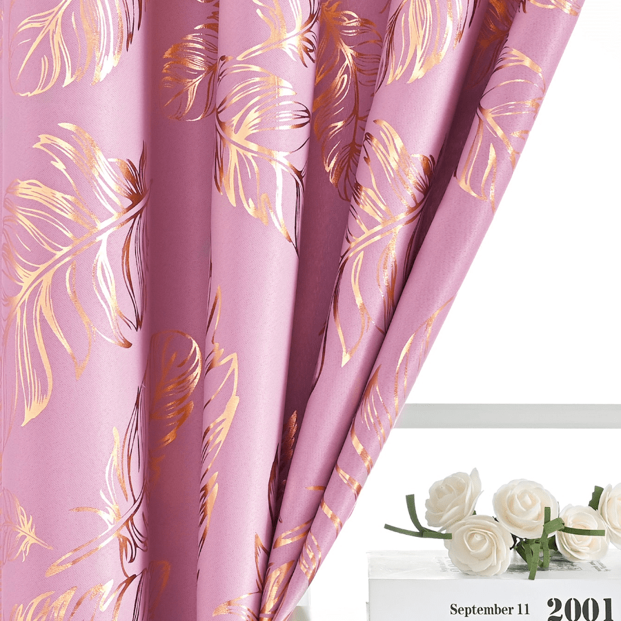 Pink Leaf Pattern Curtain With Gold Foil Print | SHEIN USA