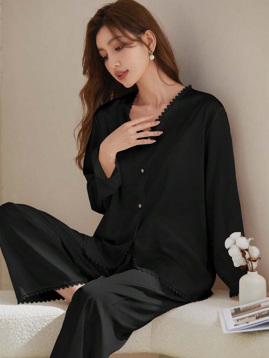 New Arrival Elegant And Simple Lace Trim Long Sleeves Long Pants Silk Pajamas Set For Women ...