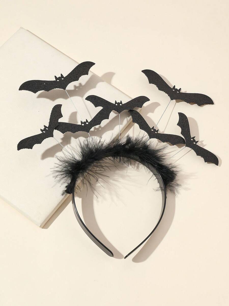 1pc Halloween Theme Diy Bat & Black Feather Decoration Wire Headband ...