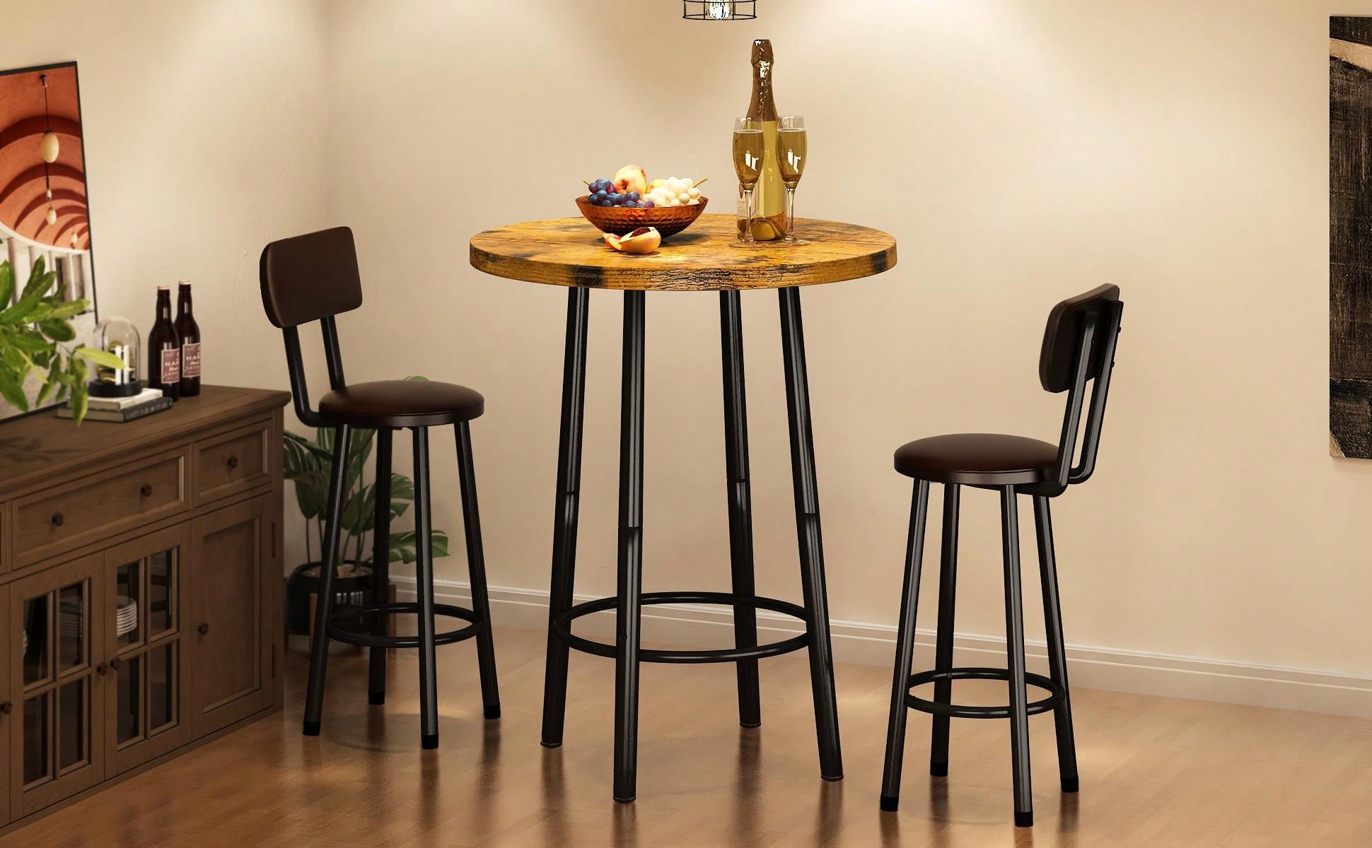 3 Piece Pub Dining Set, Modern Round bar Table and Stools for 2 ...