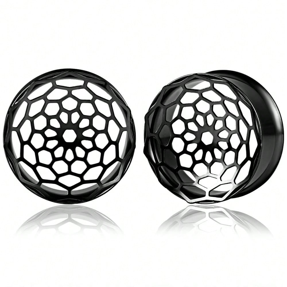 Simple stainless steel curved mesh ear expander with black circular ...