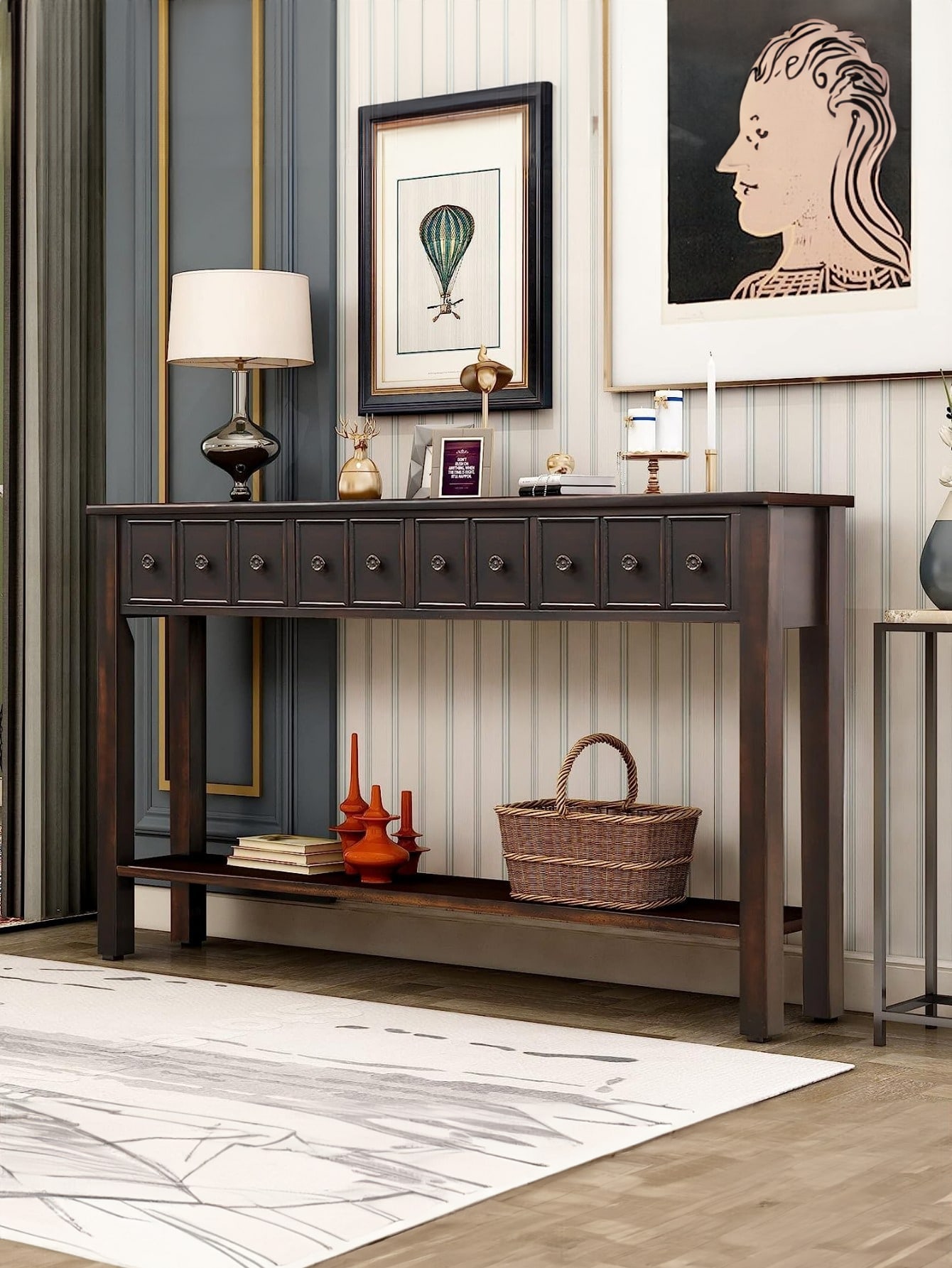 60'' Long Console Table with 4 Drawers and Bottom Storage Shelf ...