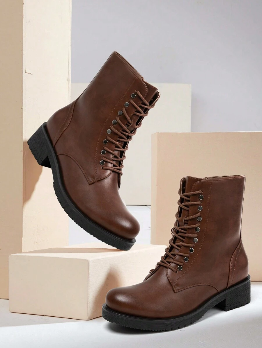 Women's Combat Boots Side Zipper Studded Booties Lace Up Ankle Boots ...