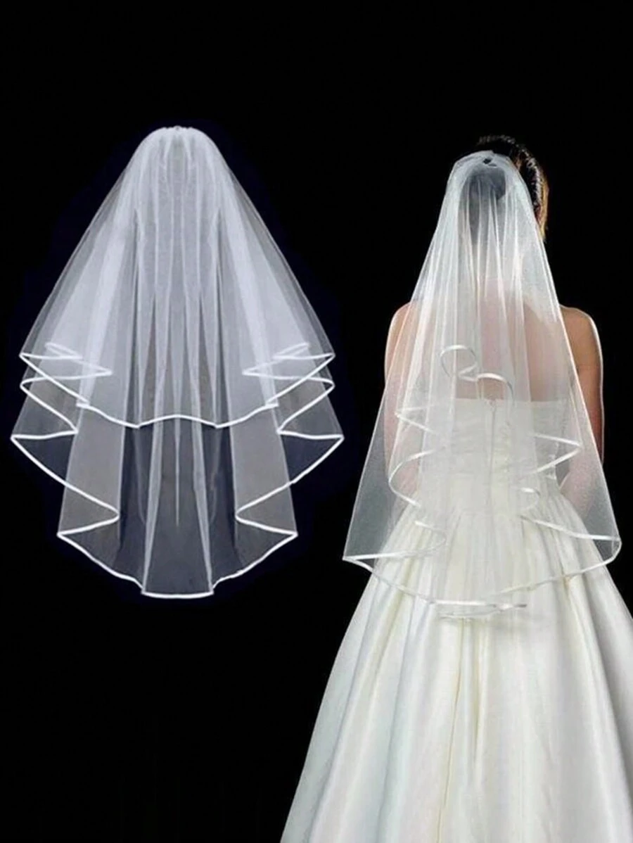 1pc White Bridal Veil With Comb & Headband Double Layers Simple Tulle ...