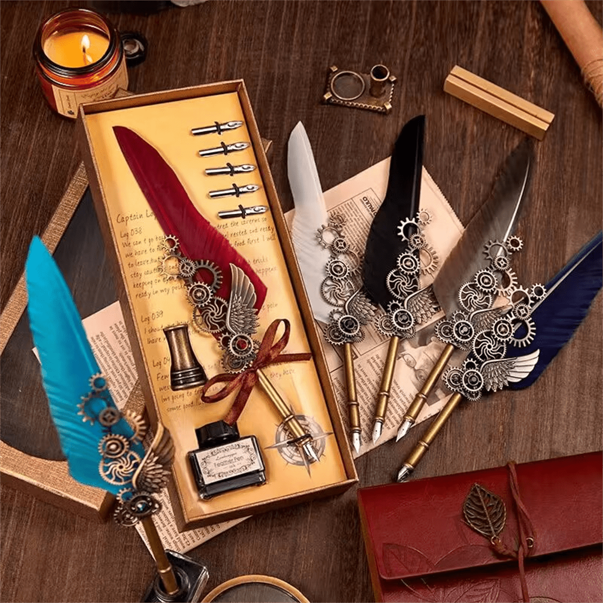 Vintage Stylo Cadeau Set Avec steampunk Engrenage Mécanique Rouge Plume Stylo Plume Dans A Boîte ...