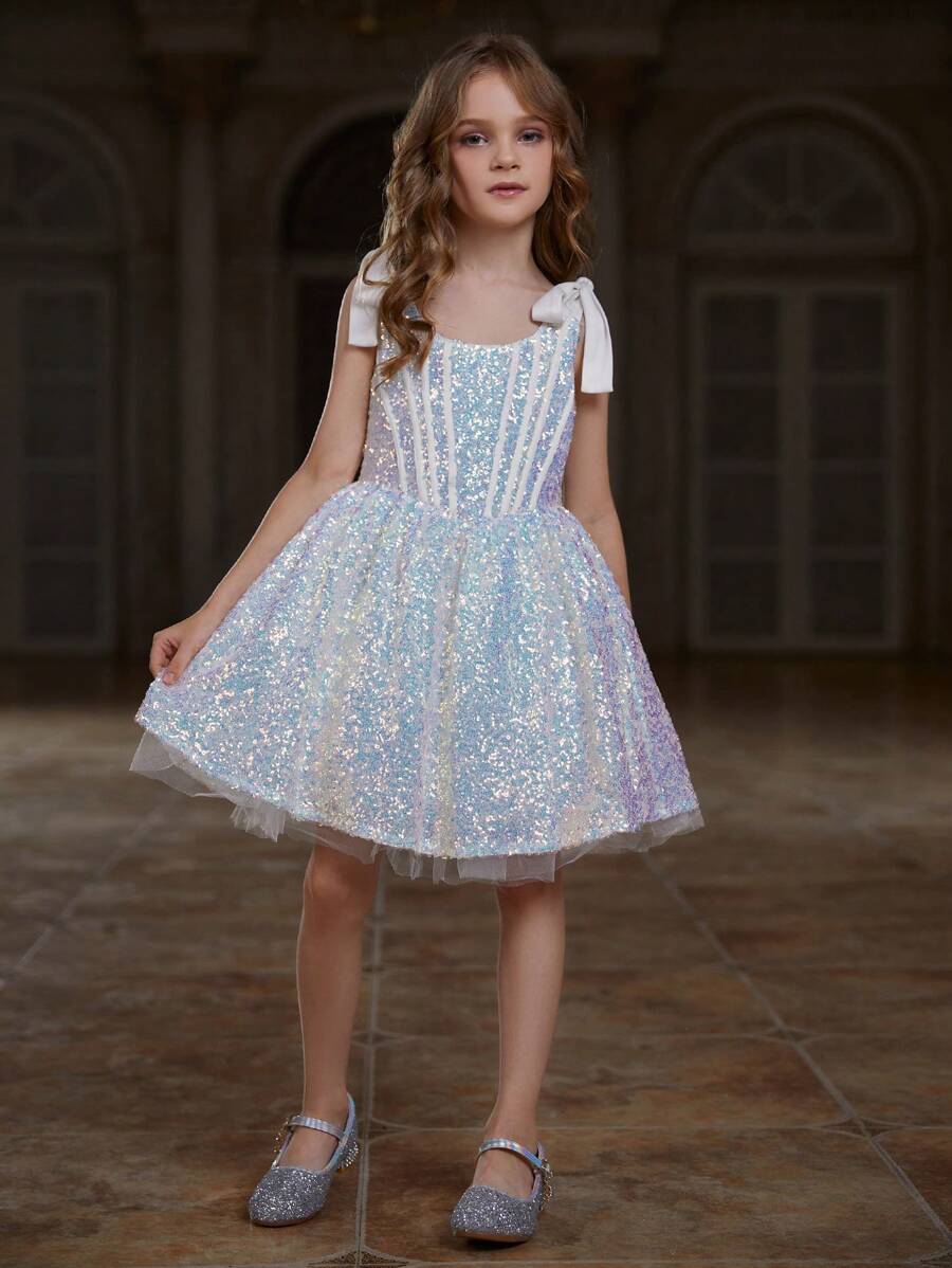 Tween Girl 1pc Sleeveless Shoulder Strap & Shiny Mid-Length Party Dress ...