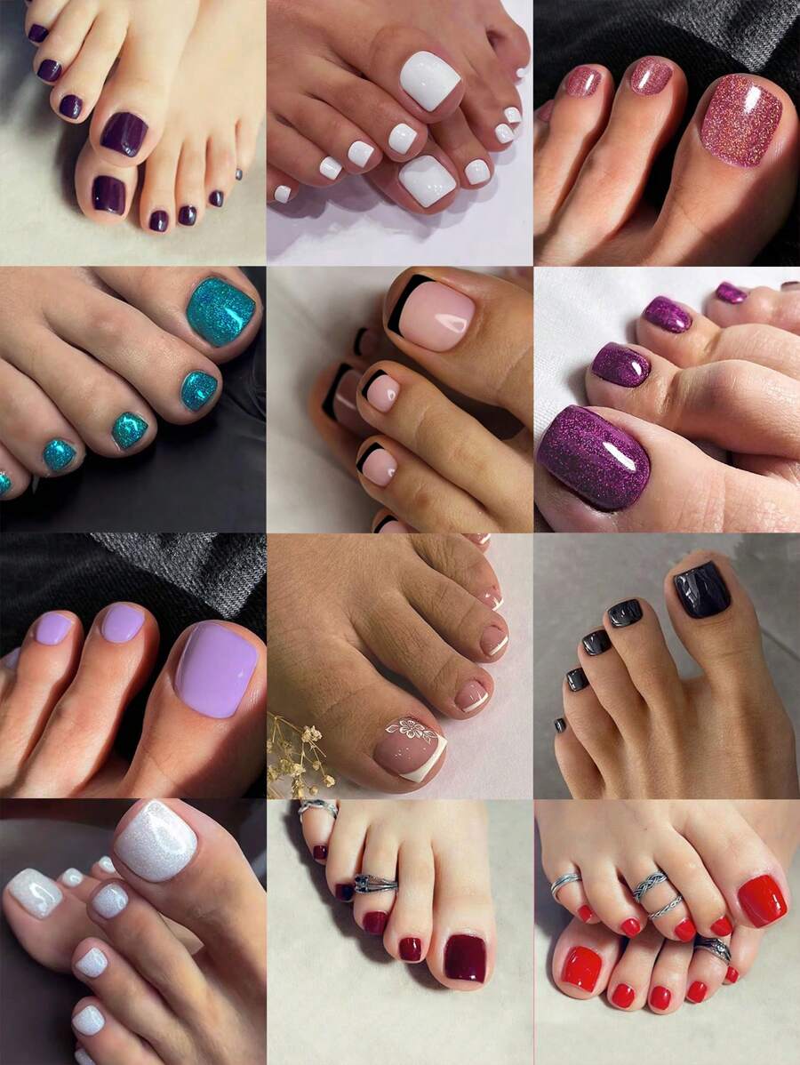 288pcs(12Colors) Short Square Press On Toenails 4 Glitter Press On ...