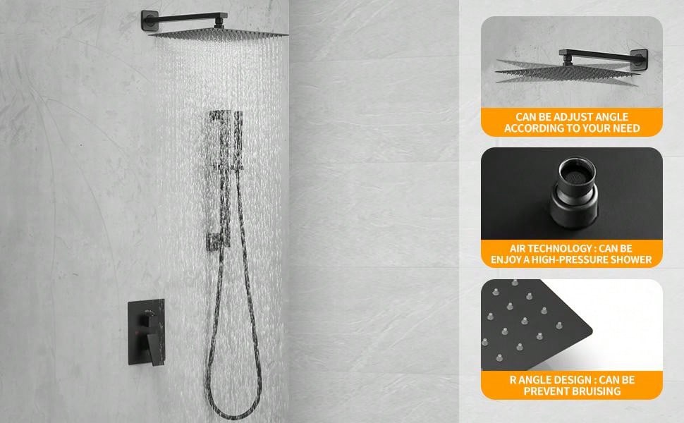 BESy Matte Black Shower System with Adjustable Angle Slide Bar, 12 Inch ...
