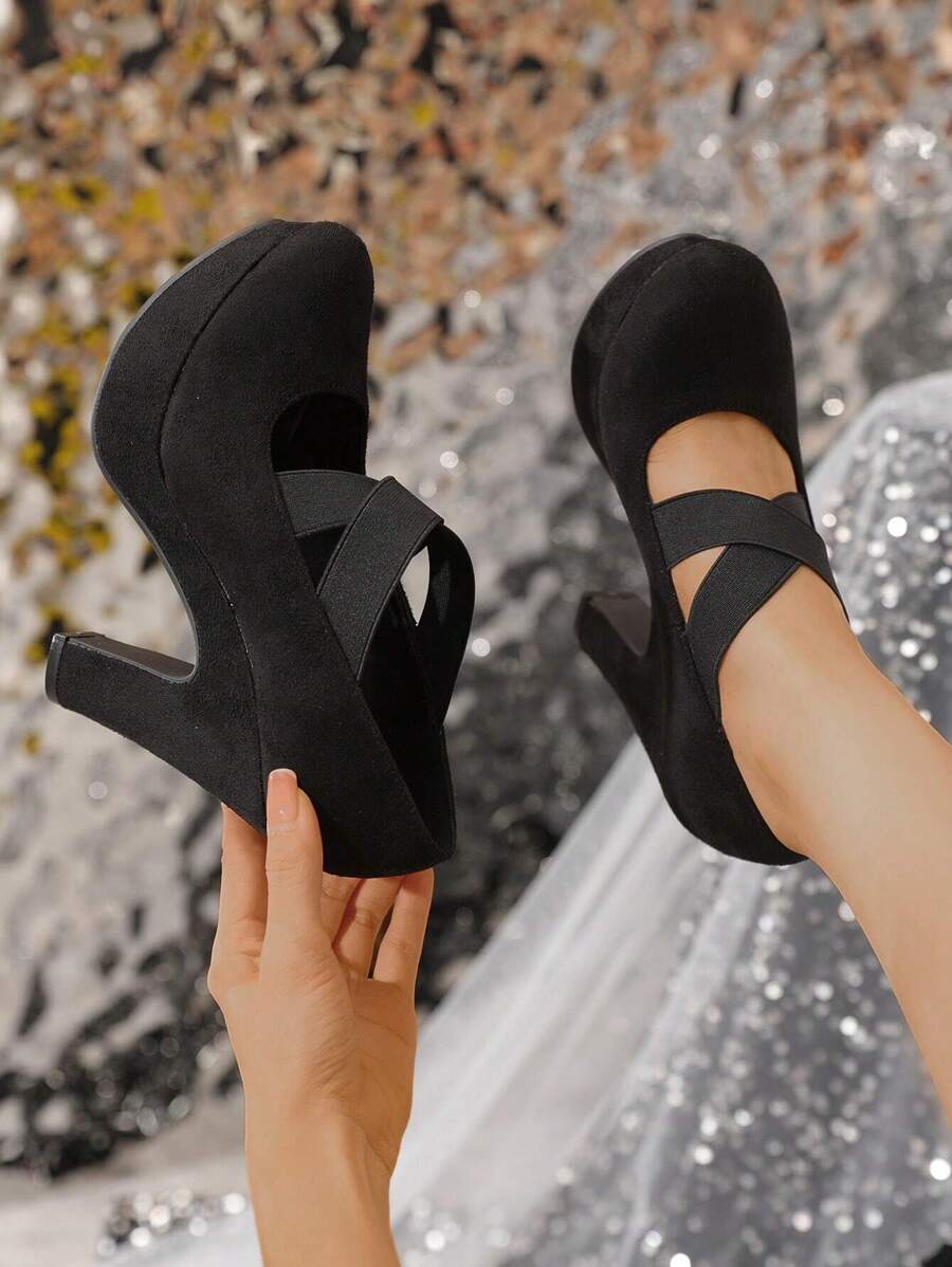 Ultra High Heel Suede Chunky Heel Round Toe Platform Pumps For Women ...