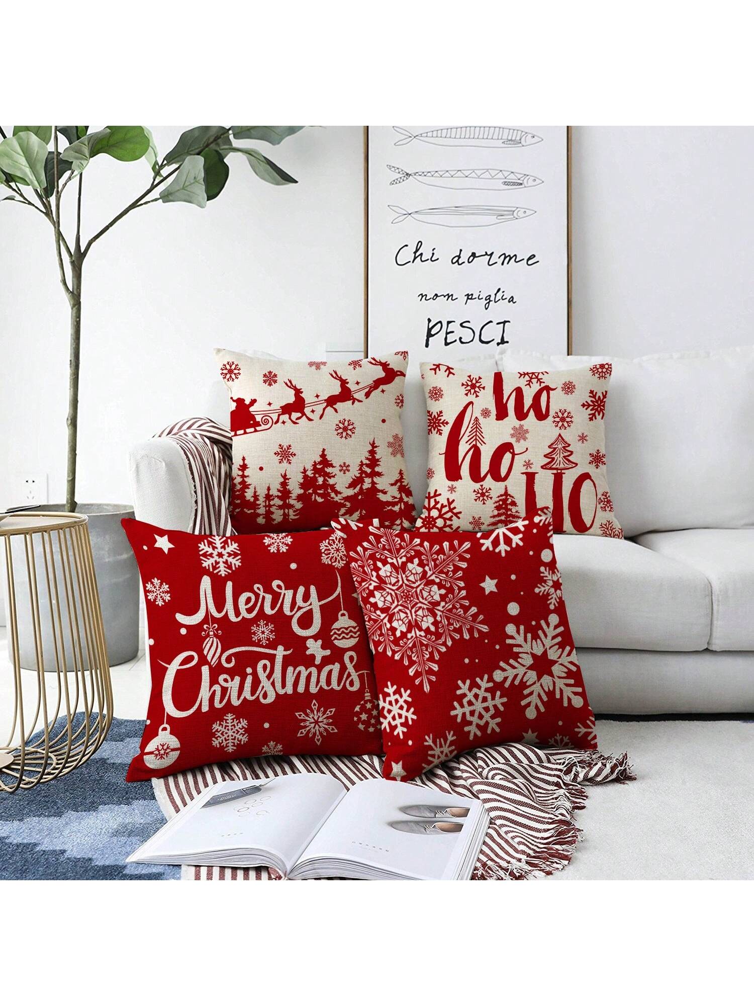 Set Of 4 Red Christmas Pillow Covers [17.7x17.7 Inches] With Reindeer ...