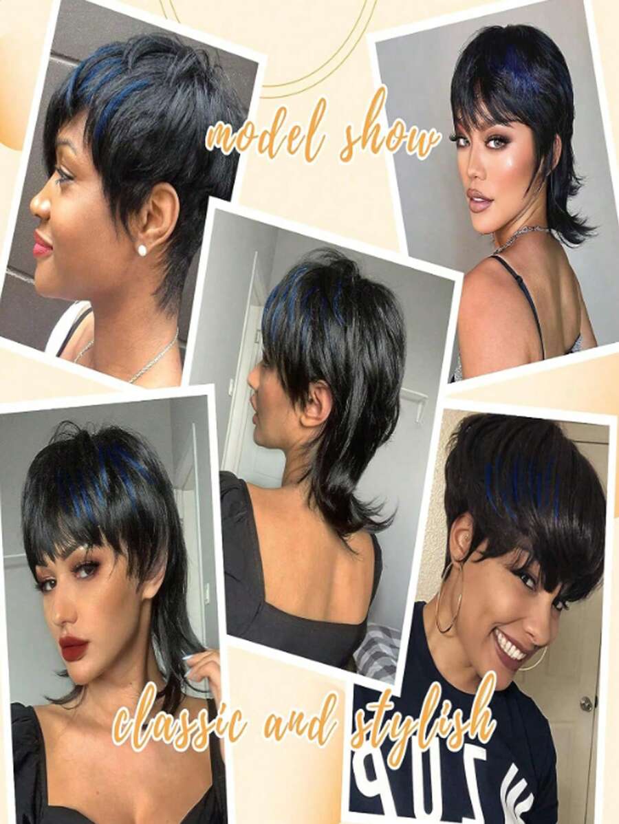 Black Mullet Wigs for Women Pixie Cut Wigs with Bangs Short Straight ...