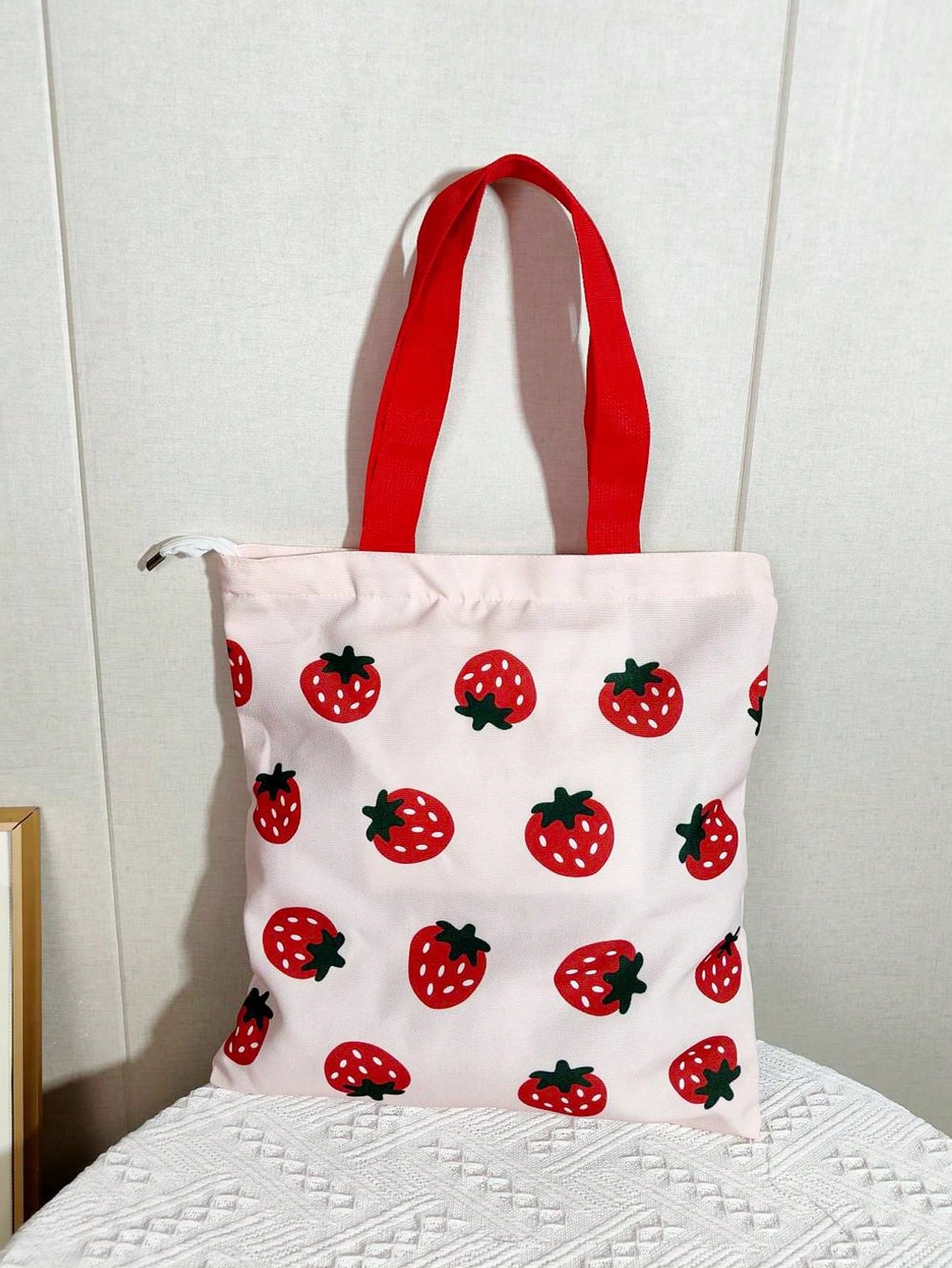 1 bolso de mano reversible de lona con forma de fresa, color rosa claro ...