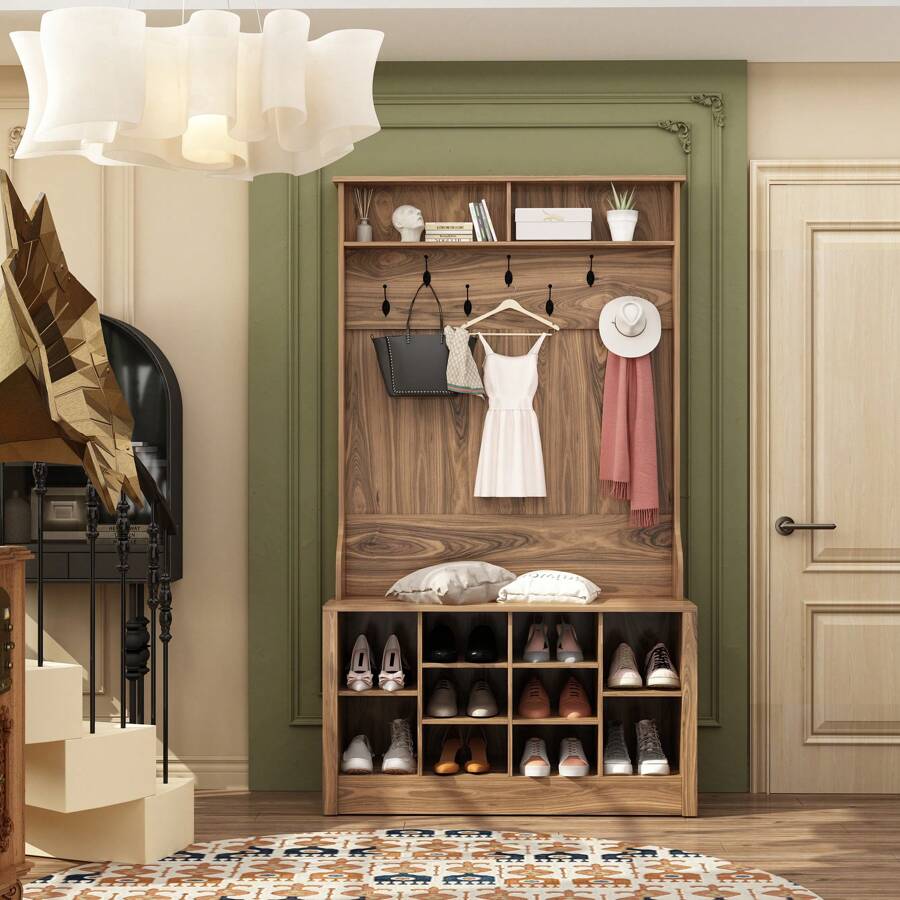 Modern Hall Tree with Storage Bench, 4-in-1 Entryway Bench with Coat ...