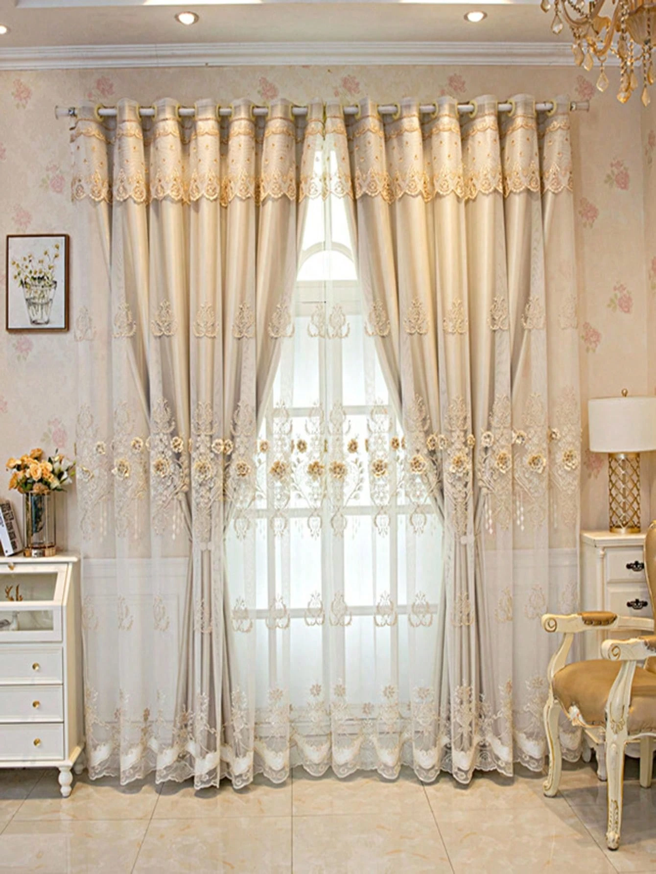 1pc Luxurious Romantic Three Flowers Embossed Embroidery Window Drapes ...