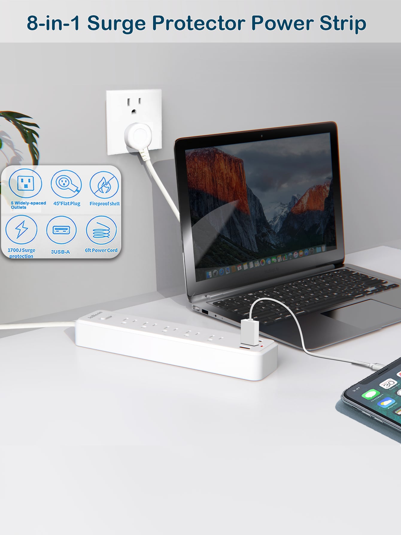 Surge Protector Power Strip 6 Feet, Flat Plug Extension Cord With 3 USB ...