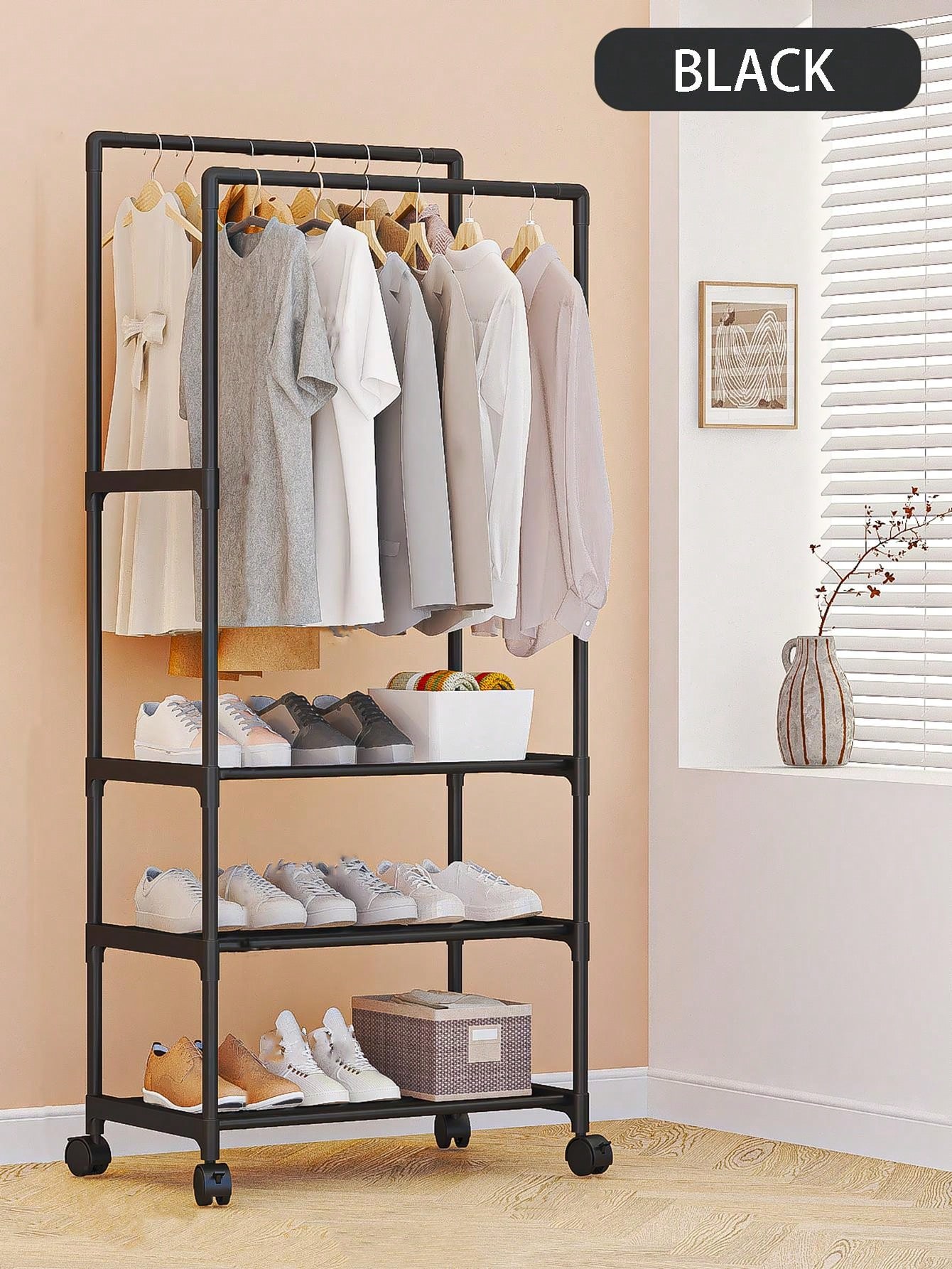 Perchero Negro Móvil De Tres Capas Con Poleas, Perchero Vertical ...