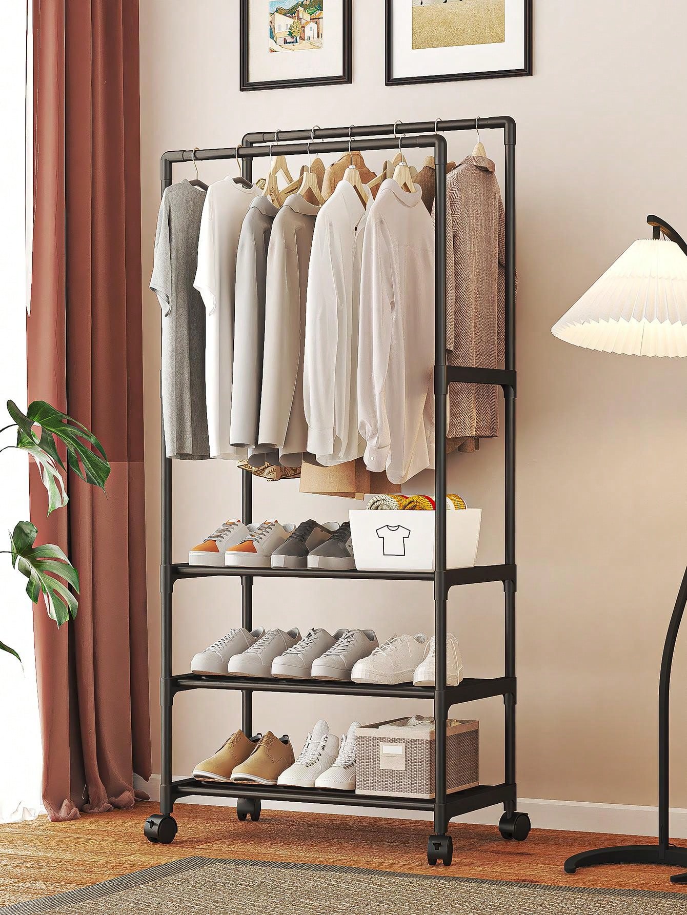 Perchero Negro Móvil De Tres Capas Con Poleas, Perchero Vertical ...