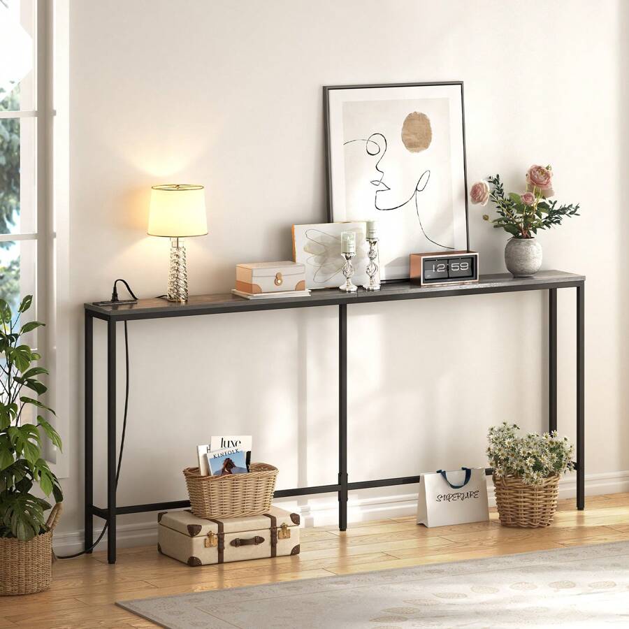 SUPERJARE 70 Inch Console Table with Power Outlets, Narrow Sofa Table ...