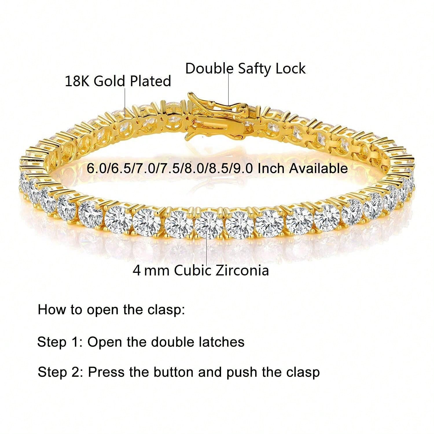 18k Gold Plated CZ Tennis Bracelet, 4MM Cubic Zirconia Charm Bracelet for Women Men | SHEIN
