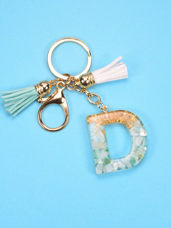 1pc Women's Sparkly Gold Foil Tassel Keychain With Blue Shell & Resin ...