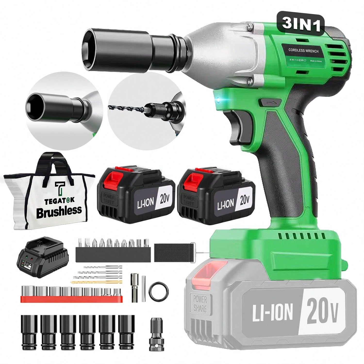 Tegatok Cordless Impact Wrench, 1/2 (430N.M) Power Impact Gun, 2400 RPM ...