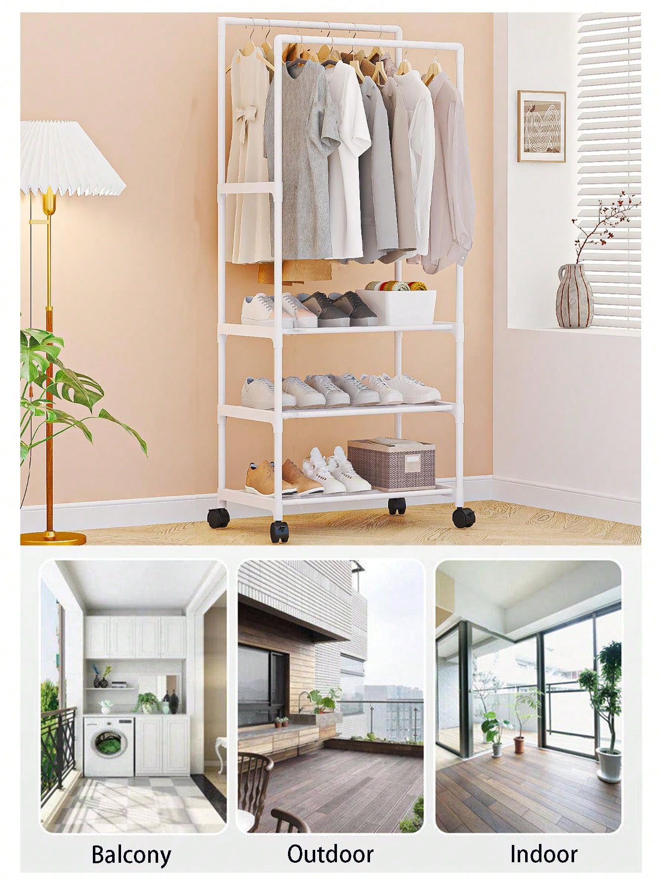 3-tier White Movable Clothes Hanger, Coat Rack, Shoe Rack With Wheels ...