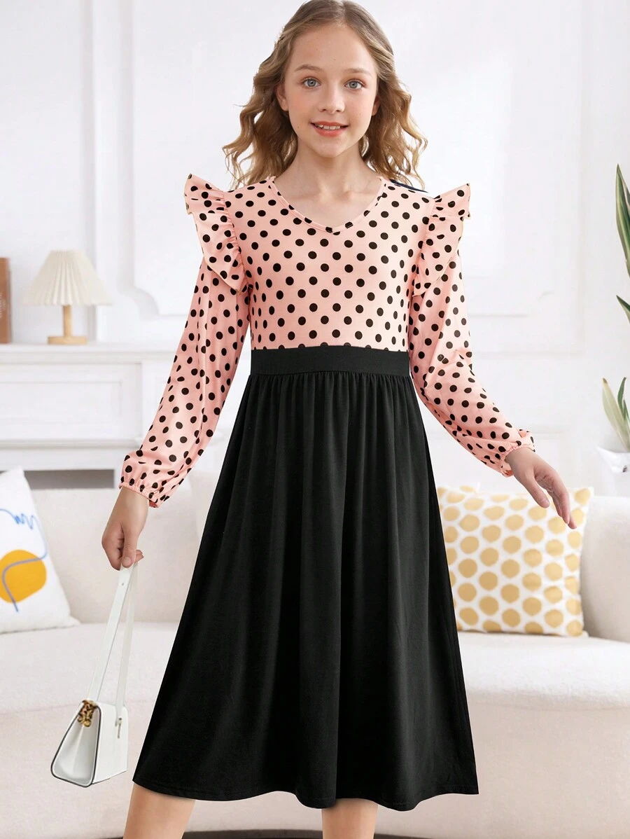 Tween Girls' V-neck Polka Dots & Color Block Ruffled Long Sleeve Patchwork Dress | SHEIN USA