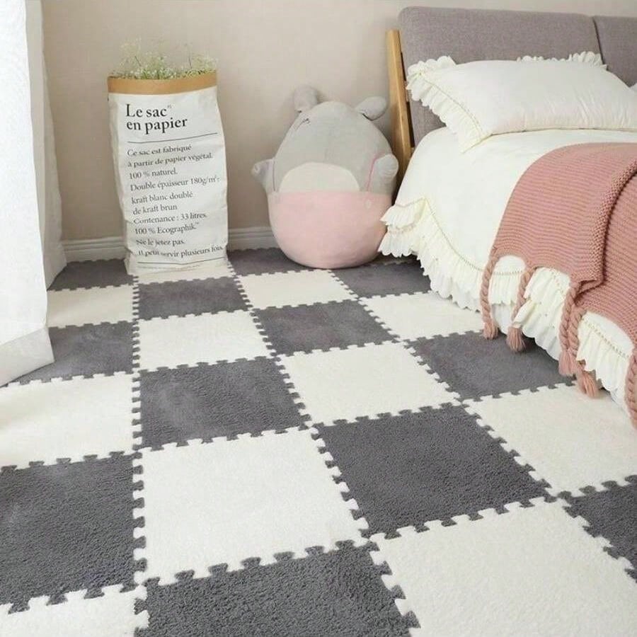 12pcs Gray & White Patchwork Foam Interlocking Floor Mats, Anti-slip ...