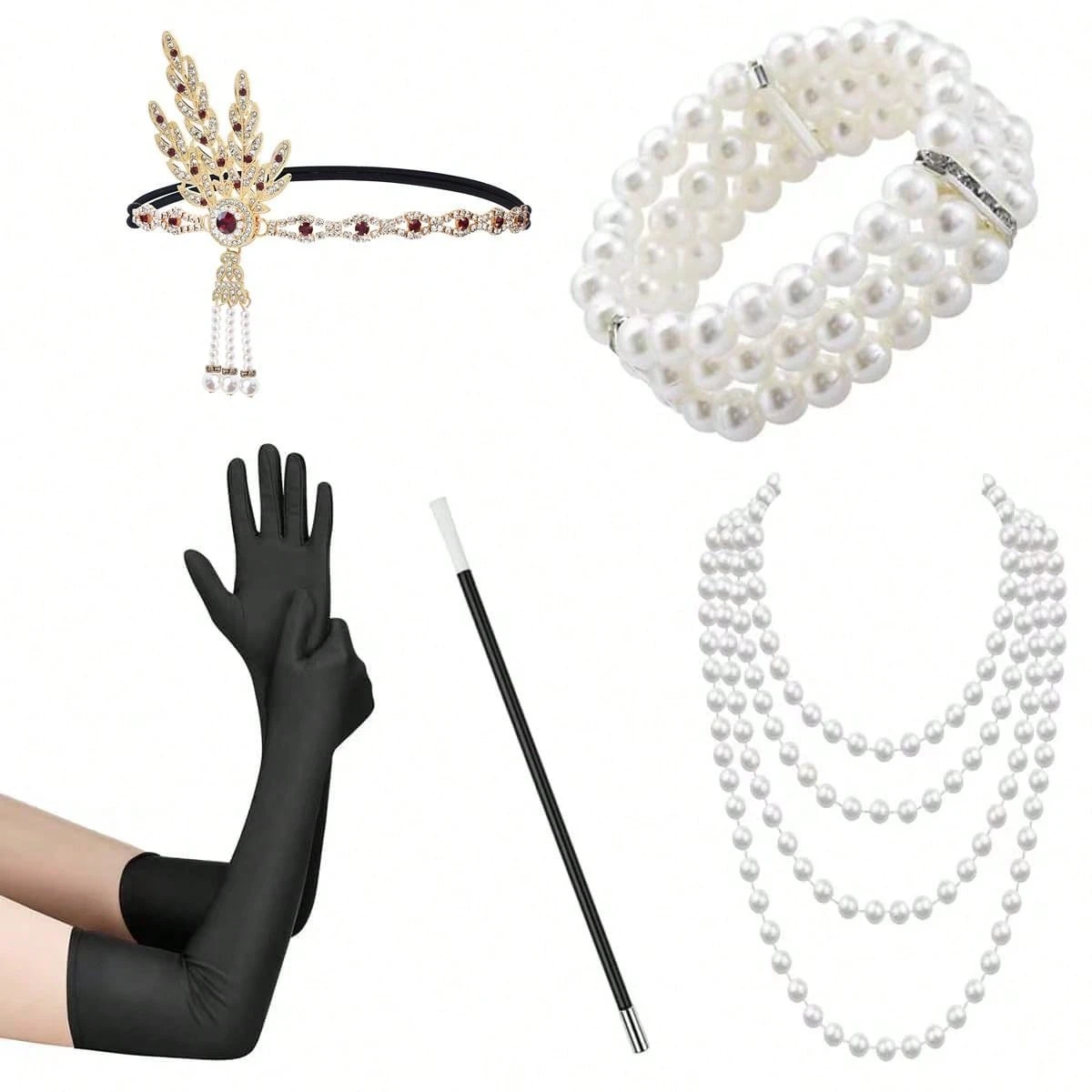 6pcs 1920s Flapper Accessory Set For Women Includes Leaf Metal Headband ...