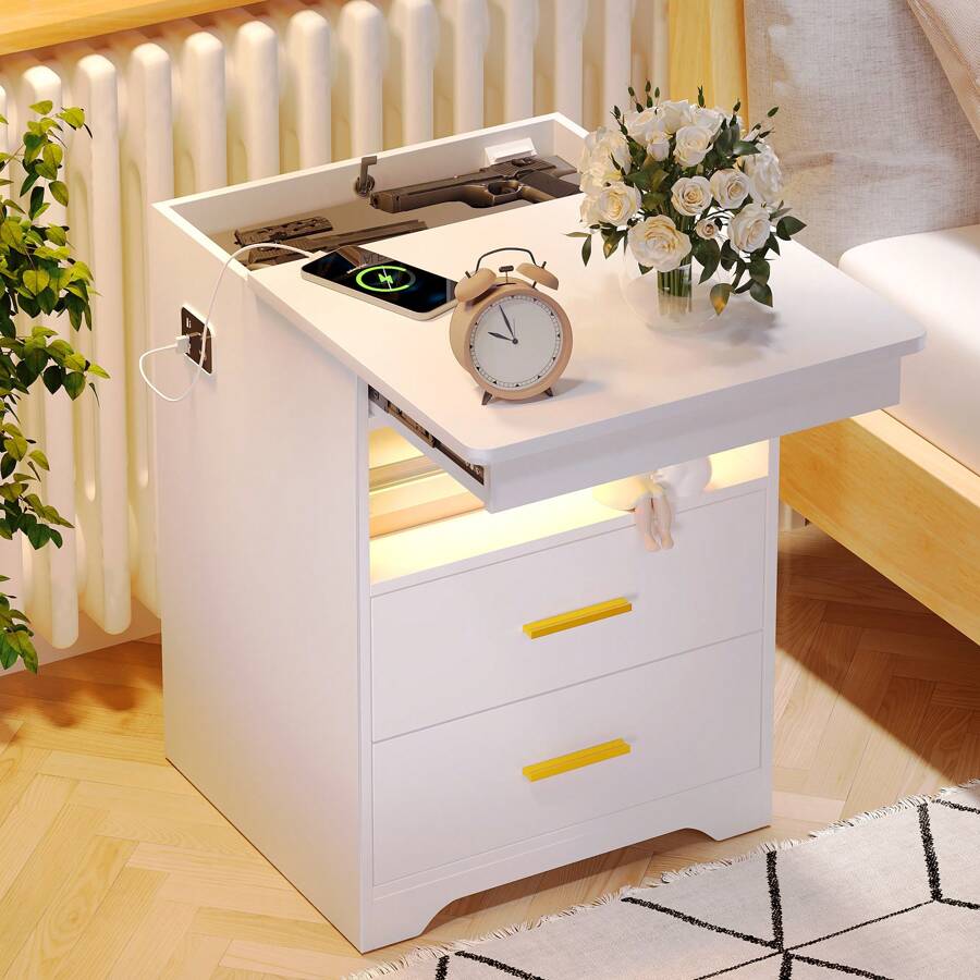 LED Nightstand with USB &Wireless Charging Station, HWB Lockable Modern ...