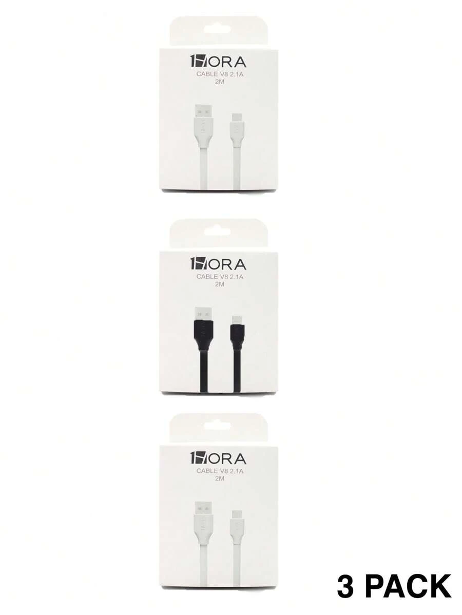 Pack 3 Pieces V8 Micro Usb Cable 2 Meters In Box 2.1a Black 1 Hour ...