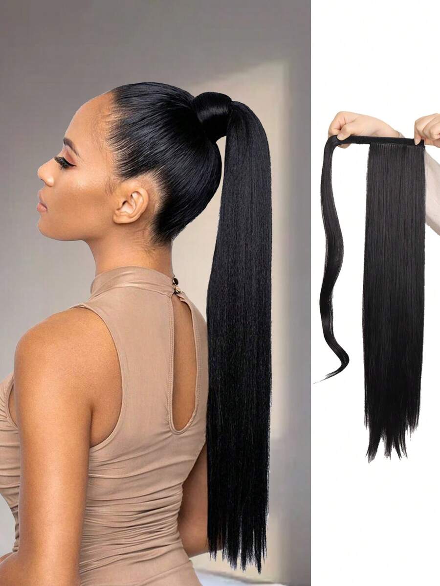 Natural black ponytail 26inch realistic long straight hair wig ponytail ...