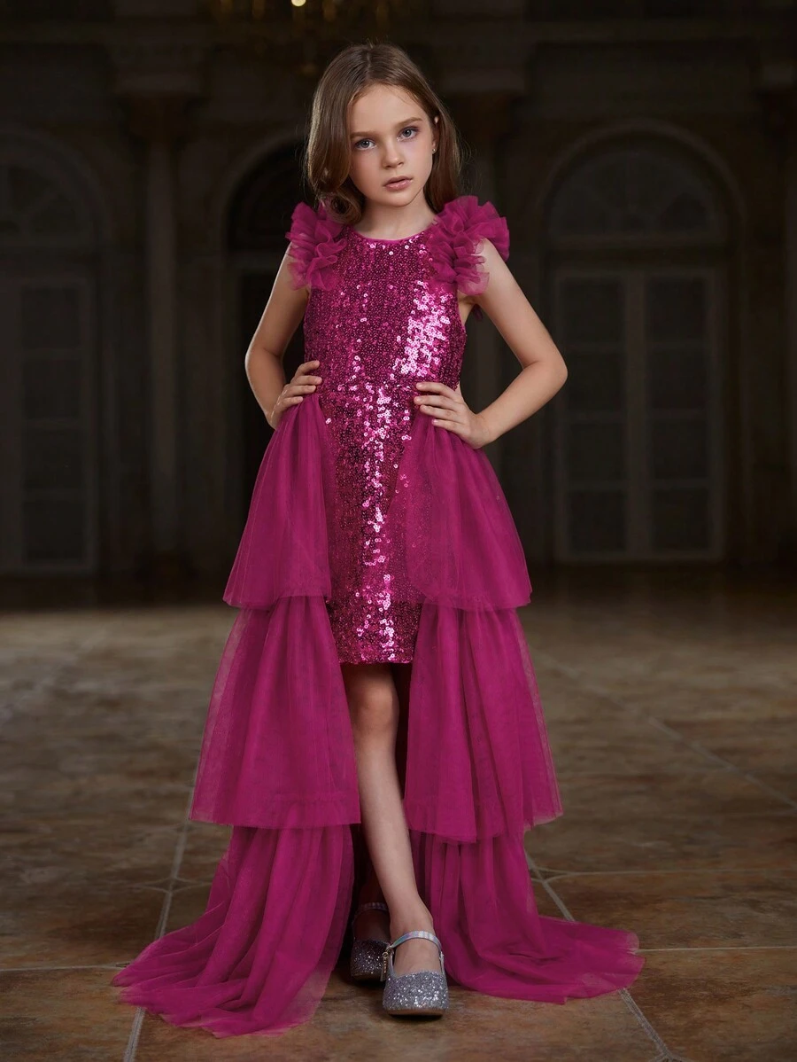 Tween Girl Sparkly Dress With Layered Tulle Hem And Ruffled Lace ...