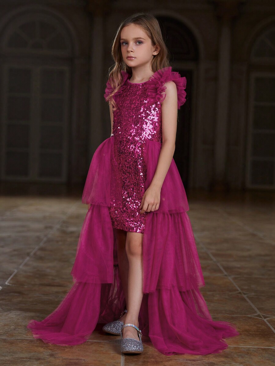 Tween Girl Sparkly Dress With Layered Tulle Hem And Ruffled Lace ...