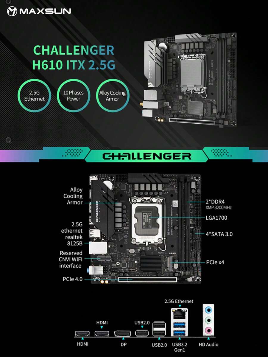 MAXSUN H610ITX 2.5G Challenger DDR4 Motherboard Mini-ATX, For 12th 13th ...