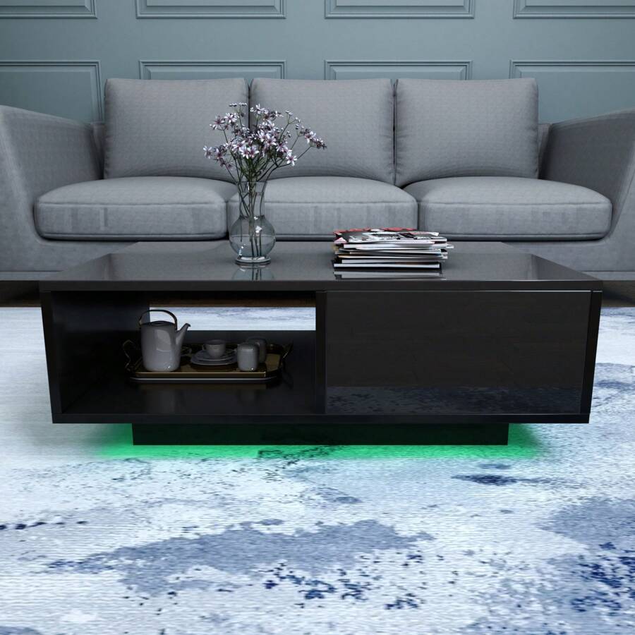 COSVALVE High Gloss LED Coffee Table With Drawer & 16 Colors LED Lights ...