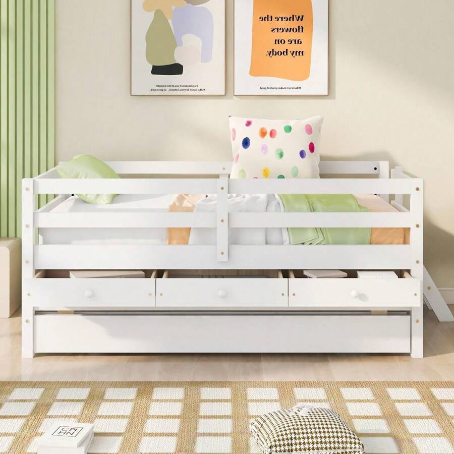 Twin Solid Wood Low Loft Bed, Wood Loft Bed Frame with Safety Fence ...