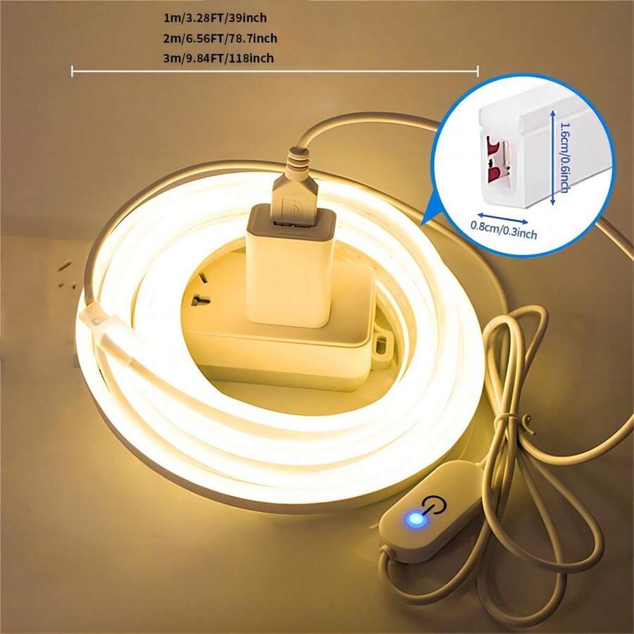 1-3m USB LED Light Strip, 4000K Low Voltage 5V Flexible Silicone Neon ...