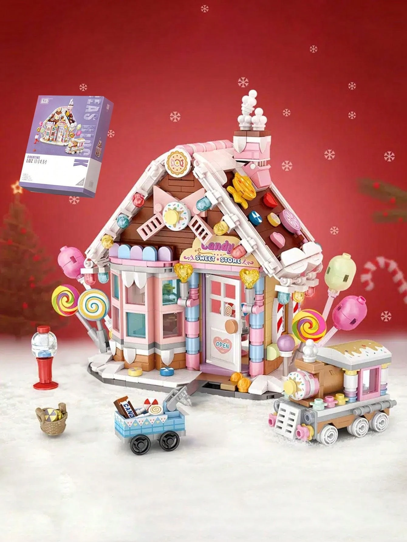 LOZ Cute Christmas pink candy house locomotive lollipop mini building ...