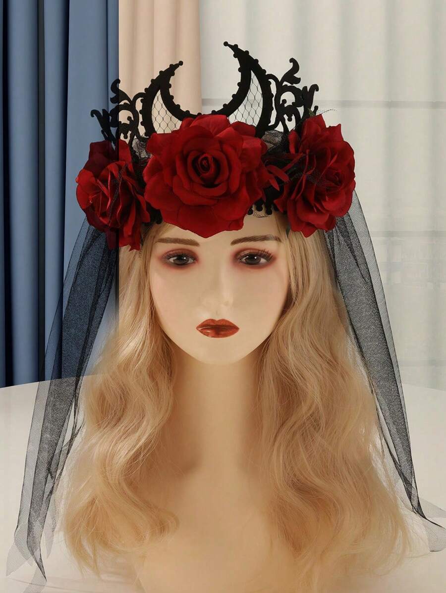 1pc Women's Black Gothic Headband With Red Rose Decoration, Perfect For ...