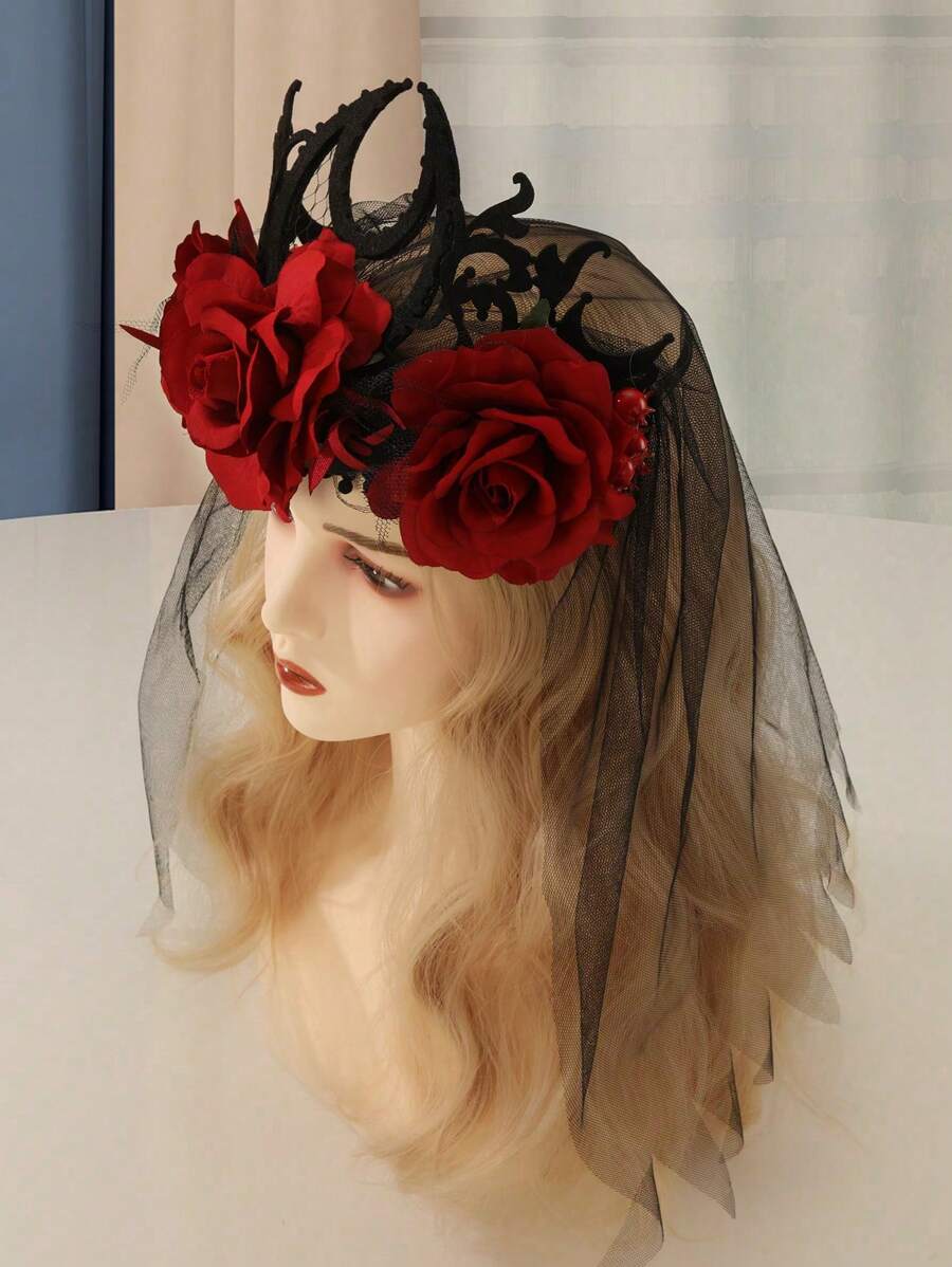 1pc Women's Black Gothic Headband With Red Rose Decoration, Perfect For ...