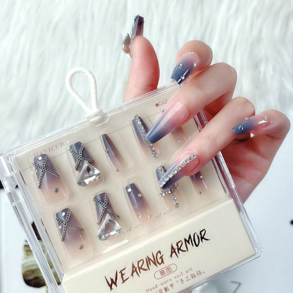 24 PCS Wearable Manicure Fake Nails French Acrylic Long Fake Nails DIY ...