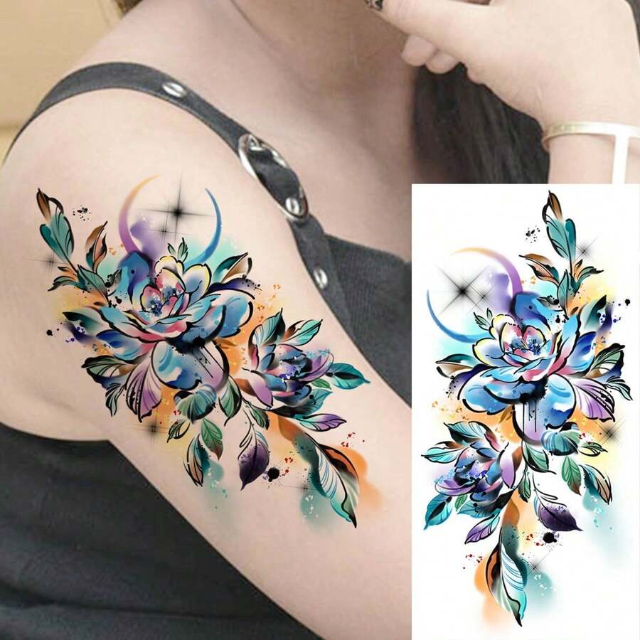 1 sheet of watercolor moon peony flower female adult temporary tattoo ...