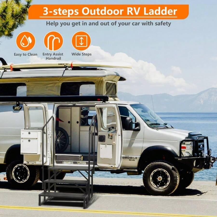 LUCKUP 3 Step RV Stairs with Handrails- Non Slip Hot Tub Steps Portable ...