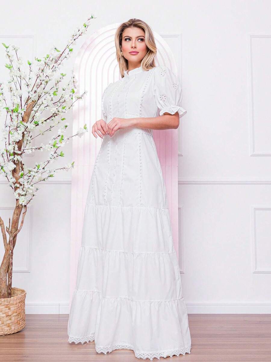 ISA FASHION FEMININA ISA FASHION vestido longo de tricoline com renda ...