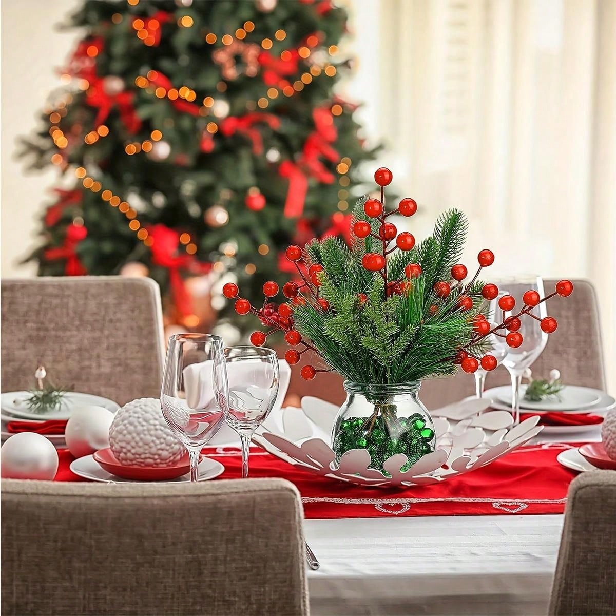 Artificial Pine Tree Set With Red Berries | SHEIN USA