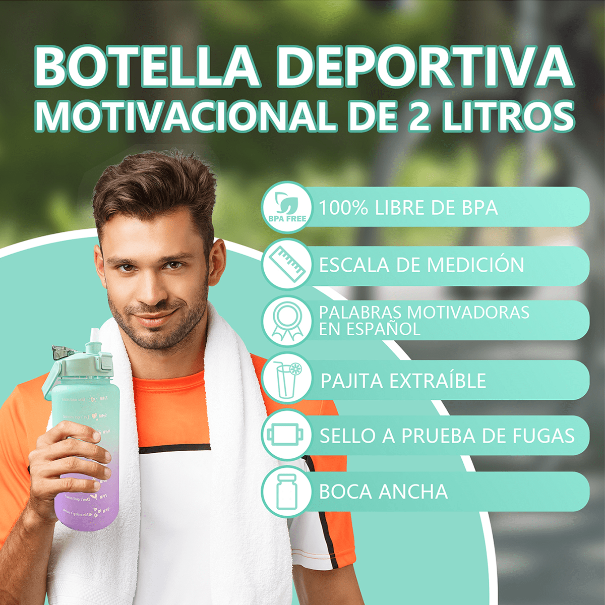 Botella de Agua Deportiva Motivacional 2 Litros, 3pzs Botellas de Agua con Popote y Marcador de ...