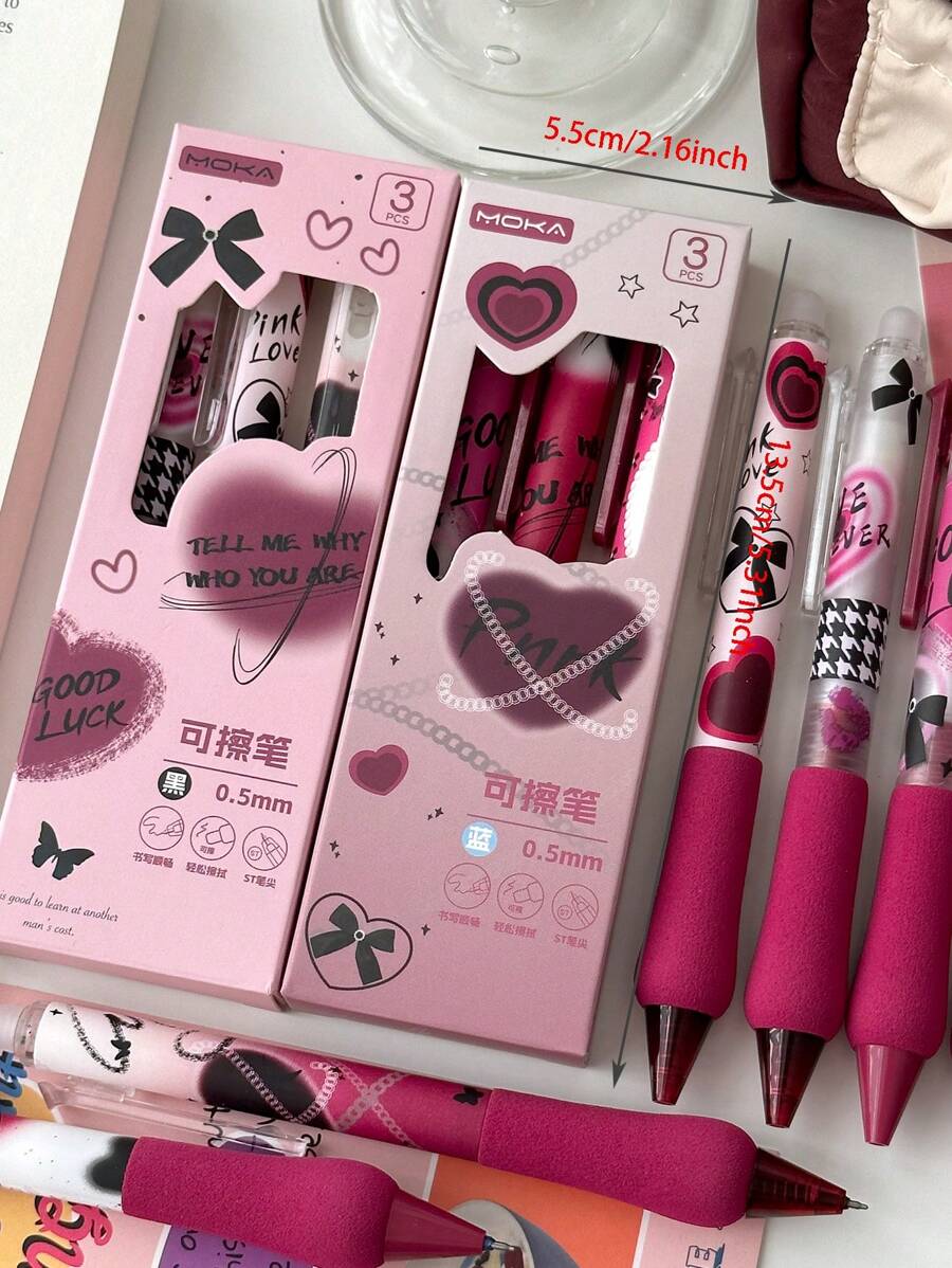 MOKA 3 Gel Pens Cute Butterfly Pink Writing Pen Erasable Black 0.5mm ...