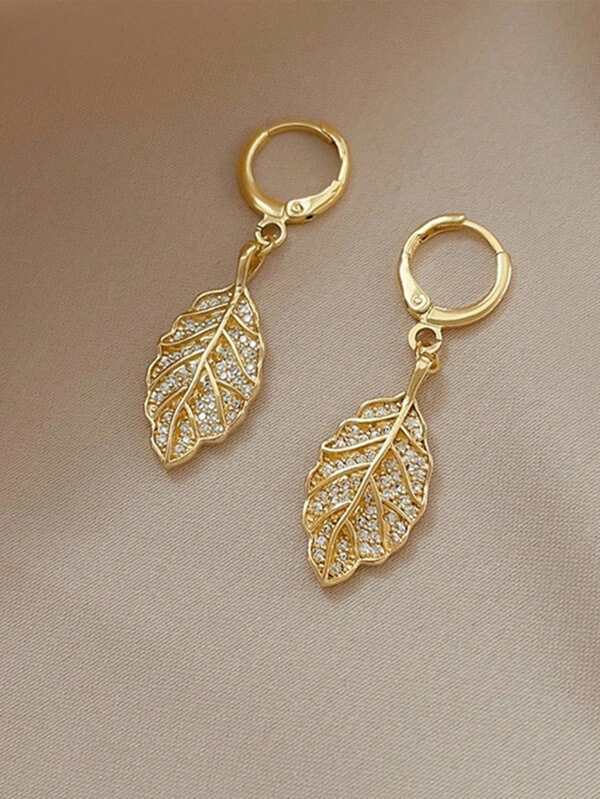 1pair Simple Water Drop Shaped Crystal & Gold-tone Metal & Leaf Design Earrings, Fashionable ...