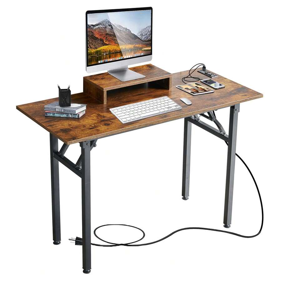 Computer Desk with Power Outlet and Monitor Riser Included, Home Office ...
